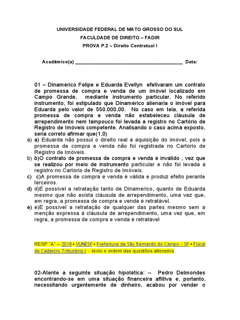 Contr. I Prova P2 26.11.21 Gabaritada | PDF | Empréstimos | Direito Privado