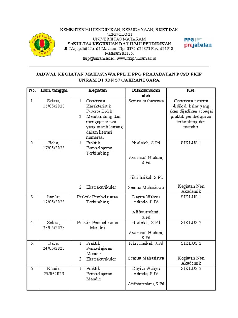 Jadwal PPL II Mahasiswa PGSD UNRAM | PDF