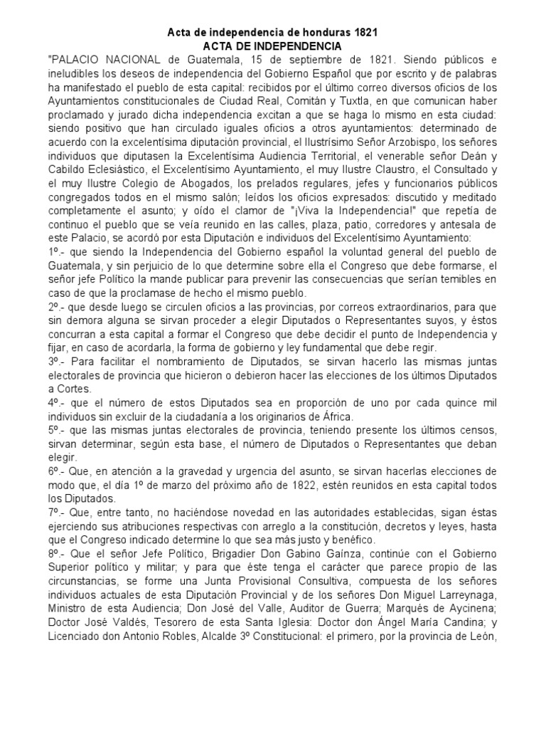Acta de Independencia de Honduras 1821 | PDF | Guatemala | Gobierno