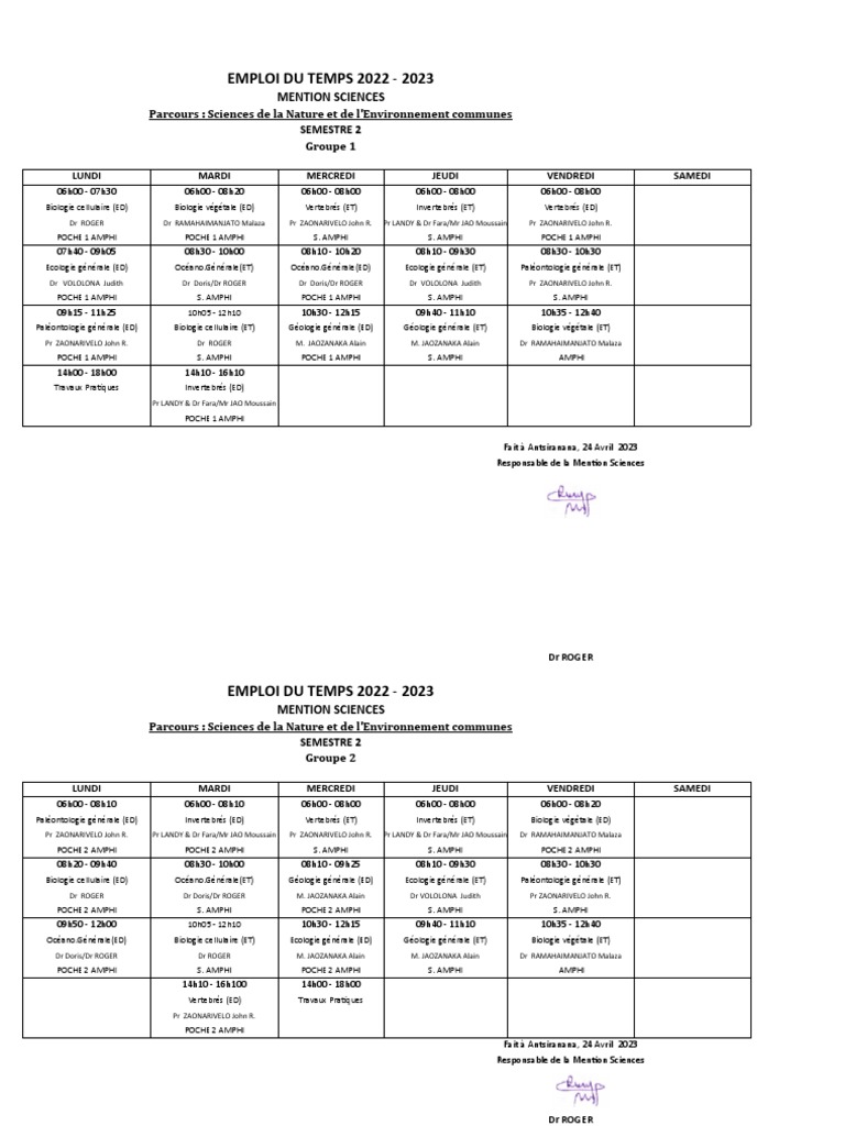 Emploi Du Temps - 2022-3023 - S2 SNE | PDF