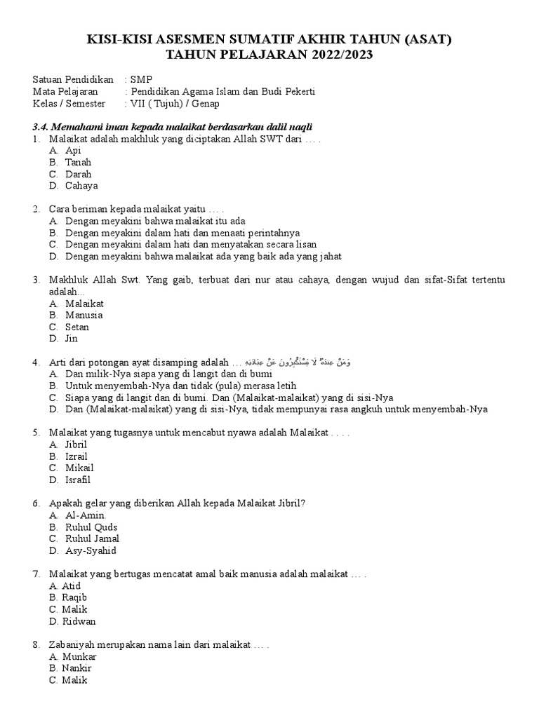 Kisi-Kisi ASAT PAI Kelas VII SMP | PDF