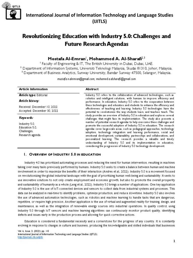 Revolutionizing Education With Industry 5.0 Challenges and Future Research Agendas | PDF ...