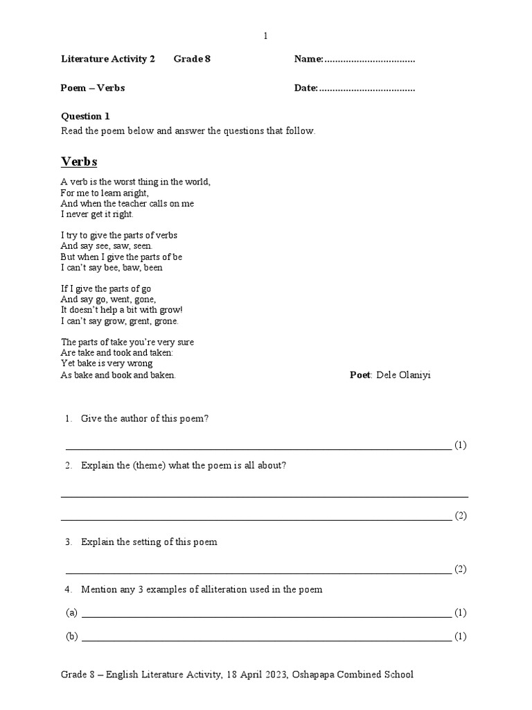 Grade 8 Literature Activity 2 Verbs | PDF