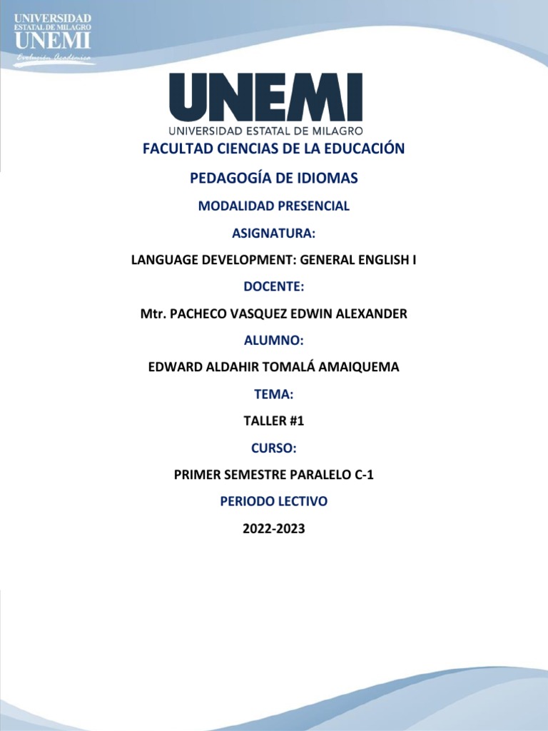 EDWARD TOMALÁ AMAIQUEMA ENGLISH WORKSHOP #1 | PDF