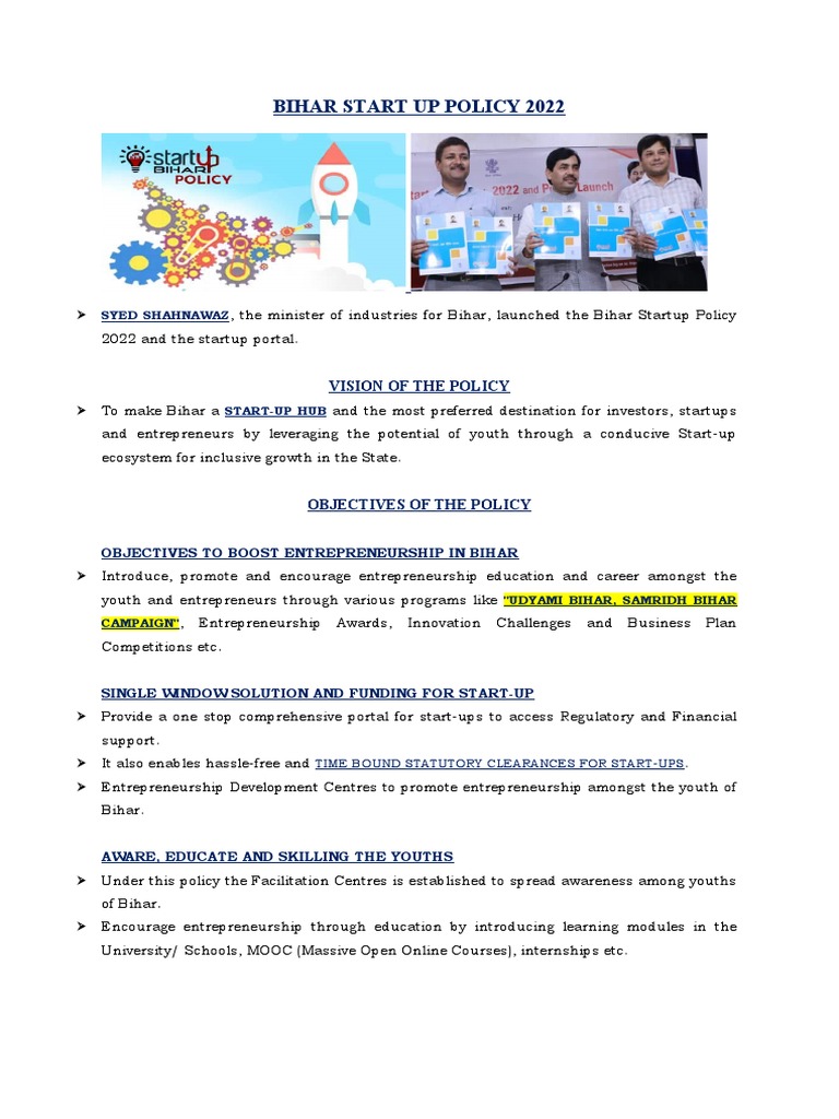 BIHAR START UP POLICY 2022 | PDF