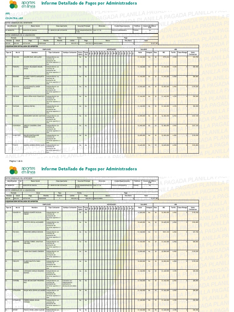 Planilla Arl Pagada Abril - 2023 | PDF | Compensación laboral | Gastos
