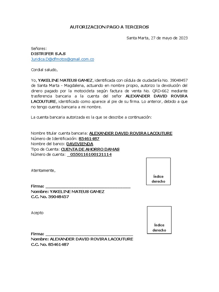 Autorizacion Pago A Terceros | PDF