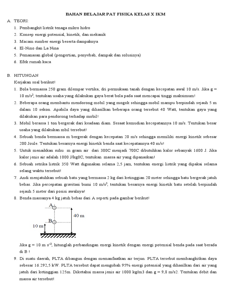 Soal Latihan Pat Fisika Kelas X Ikm | PDF