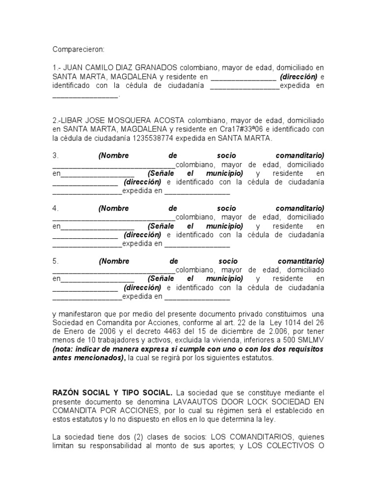 Acta de Constitución de Sociedad en Comandita Por Accion | PDF | Compartir (Finanzas) | Liquidación