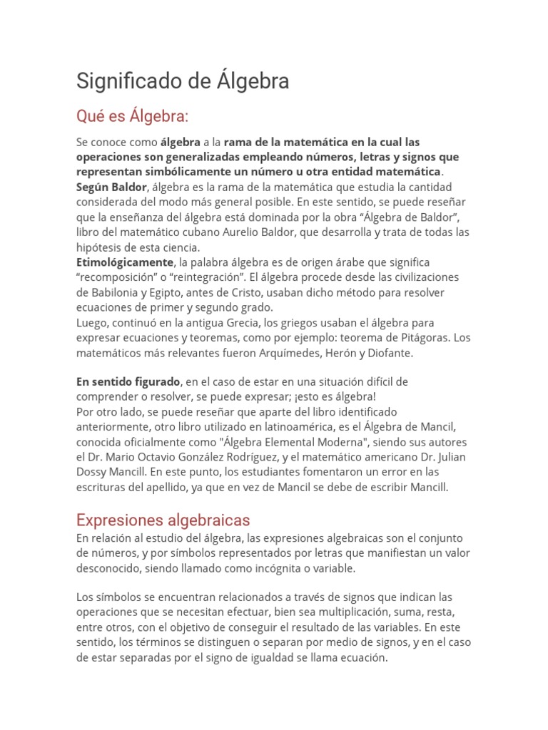 Significado de Álgebra | PDF | Álgebra | Ecuaciones Significado de Álgebra | PDF | Álgebra | Ecuaciones