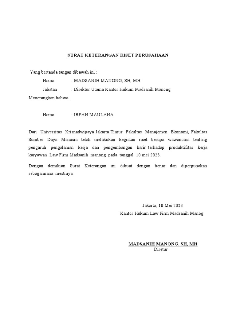 Surat Keterangan Riset Perusahaan | PDF