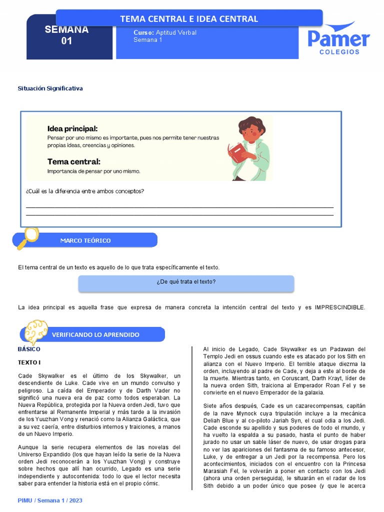 Separata - PIMU - COMP - SEM 1 - VU 2023 - TEMA CENTRAL E IDEA CENTRAL | PDF