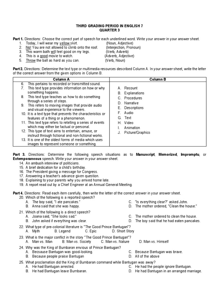 Eng 7 3rd Grading Periodical Exam | PDF | English Language | Part Of Speech