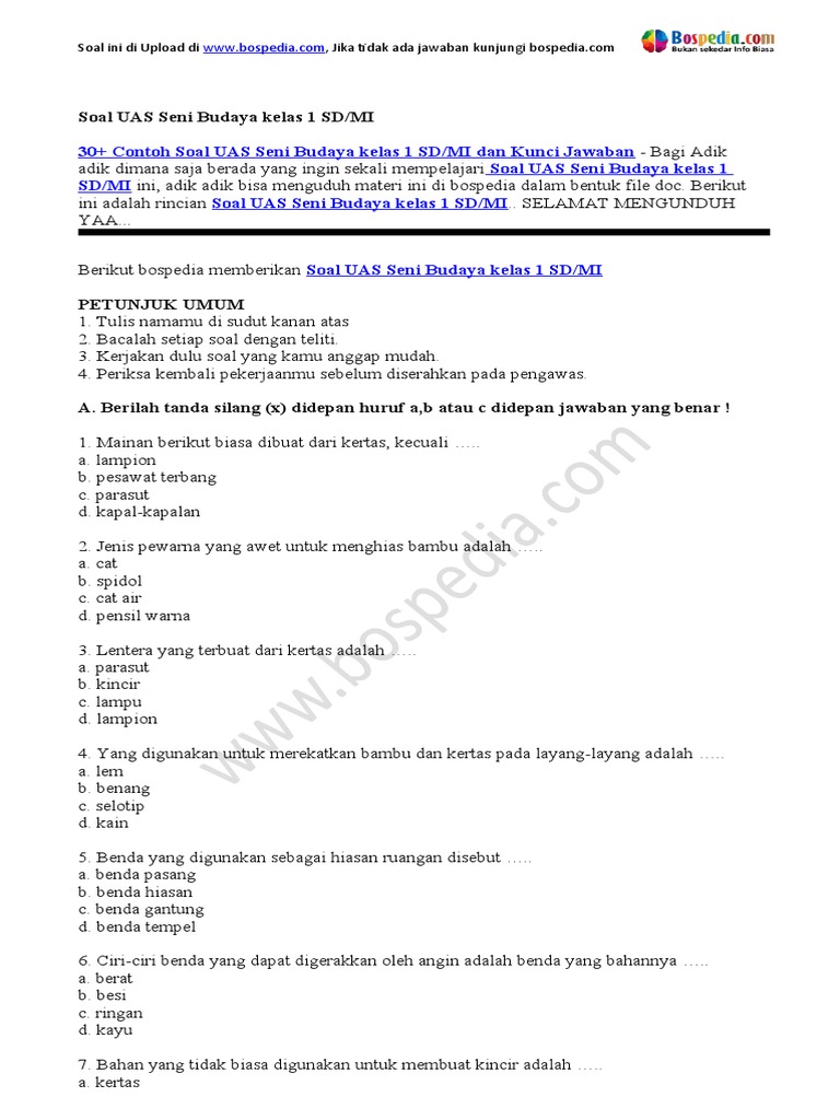 30+ Contoh Soal UAS Seni Budaya Kelas 1 SD MI Dan Kunci Jawaban | PDF | Seni