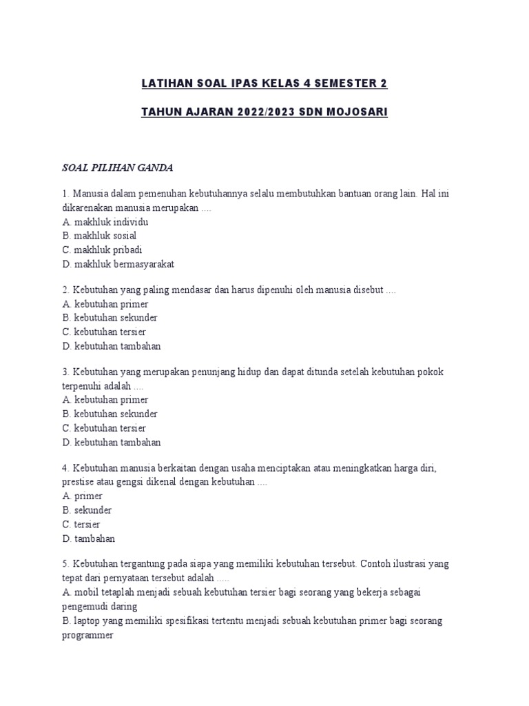 Soal IPAS Kelas 4: Kebutuhan dan Keinginan | PDF