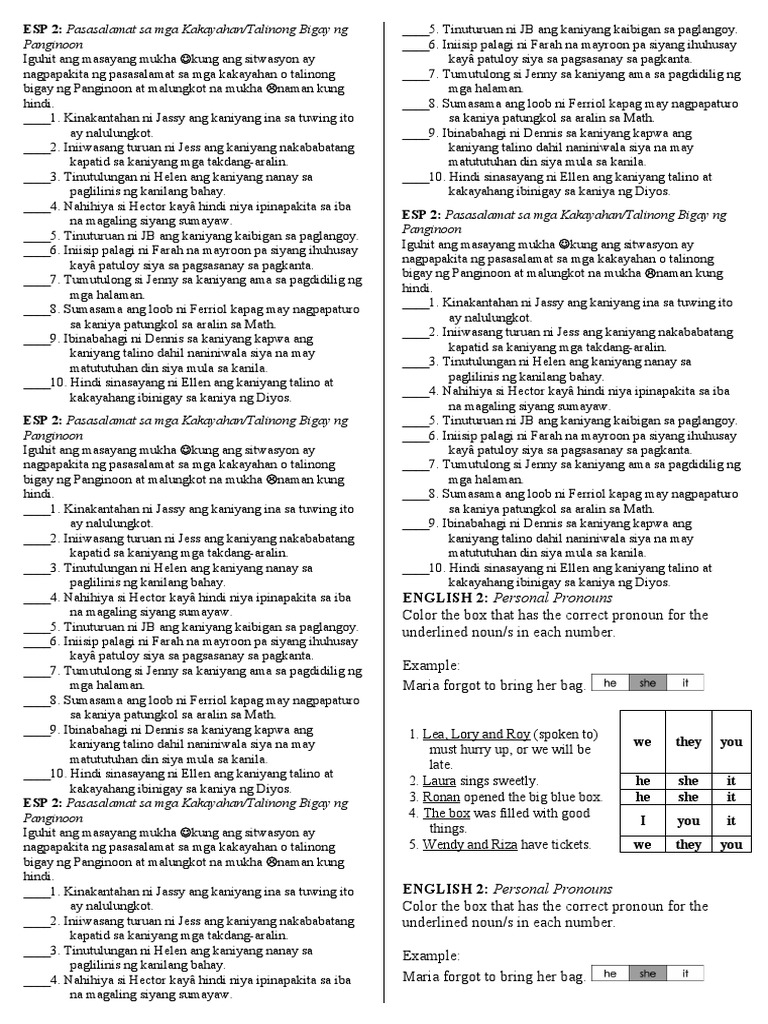 Panginoon: ESP 2: Pasasalamat Sa Mga Kakayahan/Talinong Bigay NG | PDF