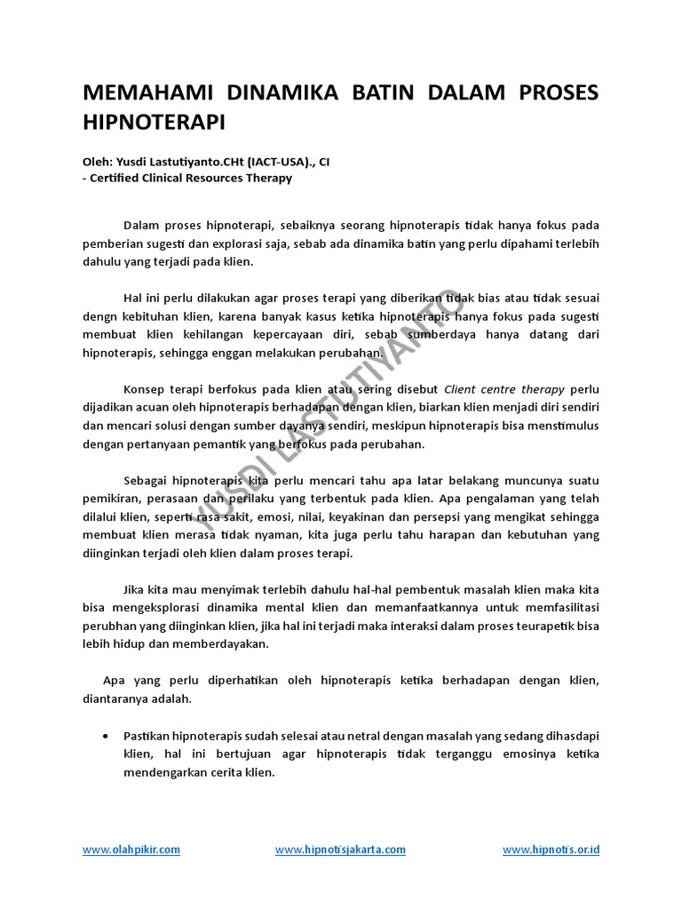 Memahami Dinamika Batin Dalam Proses Hipnoterapi | PDF