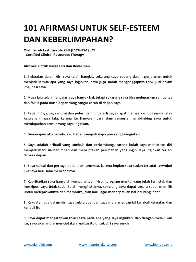 101 Afirmasi Diri Untuk Self Esteem Dan Keberlimpahan | PDF