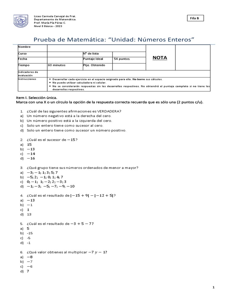 Prueba de Matemática: Números Enteros 8° Básico | PDF | Entero ...