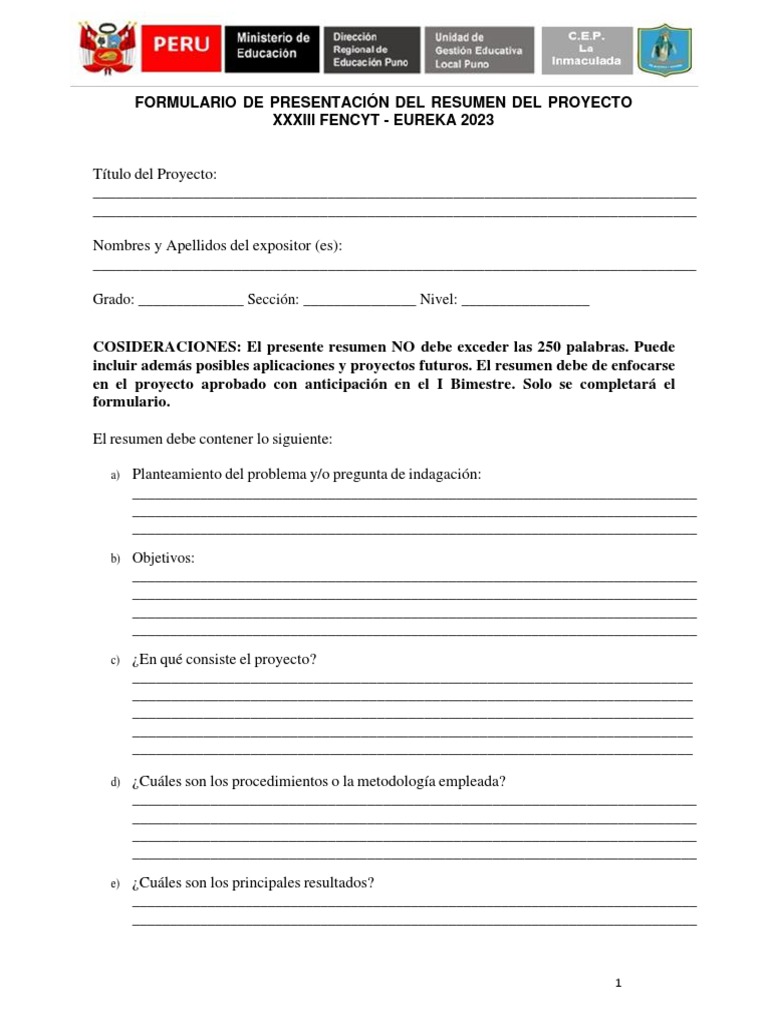 Anexo-E3 Formulario Resumen Eureka 2023 | PDF