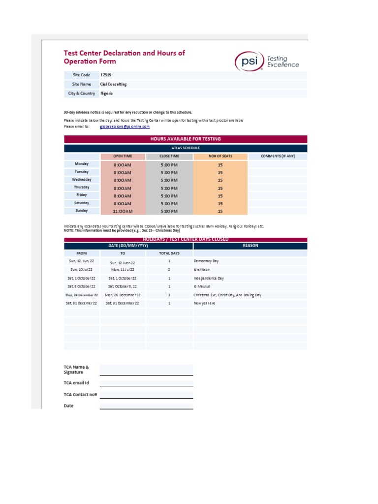 PSI - Test Center Change of Hours - Form - Q3 & Q4 2022 | PDF