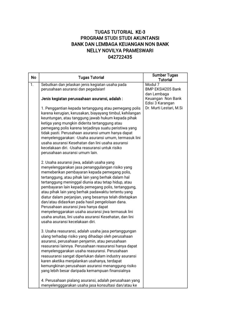 Tugas 3 - Bank Dan Lembaga Keuangan Non Bank - Nelly Novilya Prameswari - 042722435 | PDF