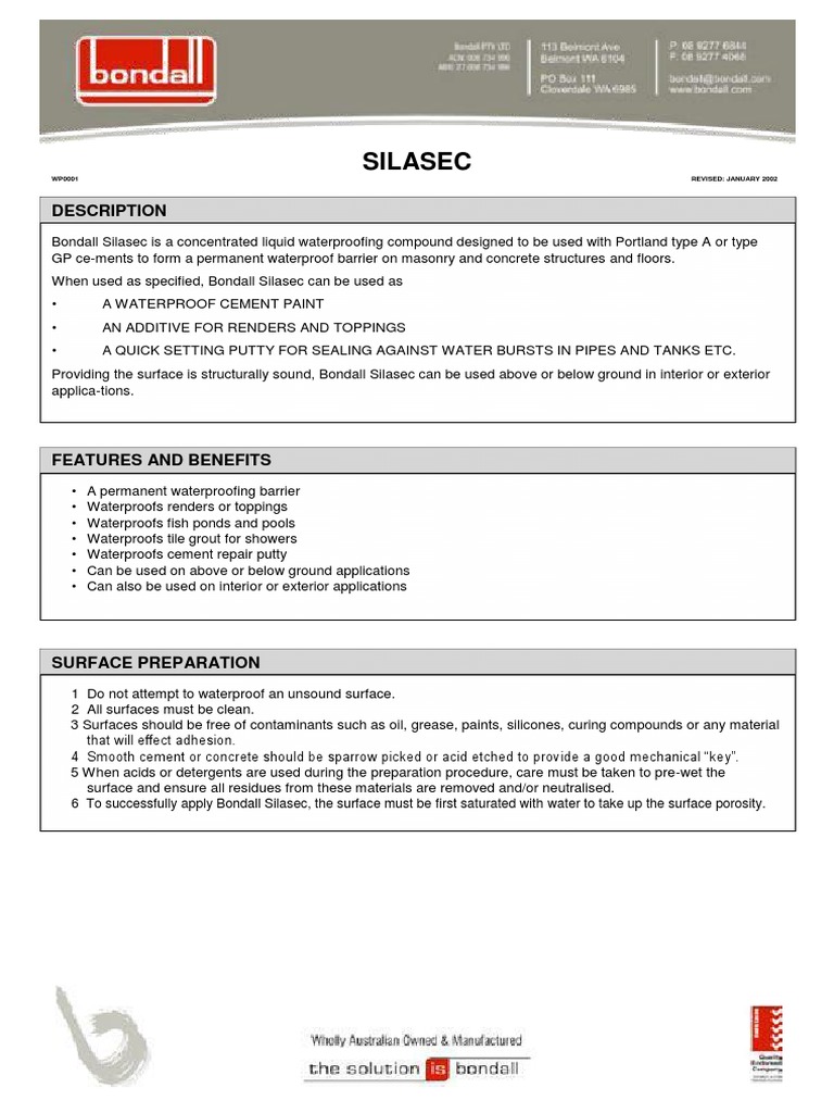 Bondall Silasec Waterproofing Guide | PDF | Concrete | Cement