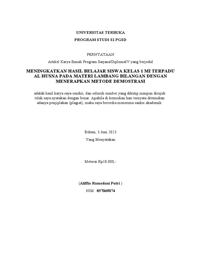 Contoh Lembar Bebas Plagiasi UT PGSD | PDF