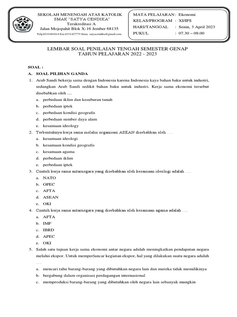 Soal Pts Genap Ekonomi Kelas Xi Ips 2022-2023 | PDF