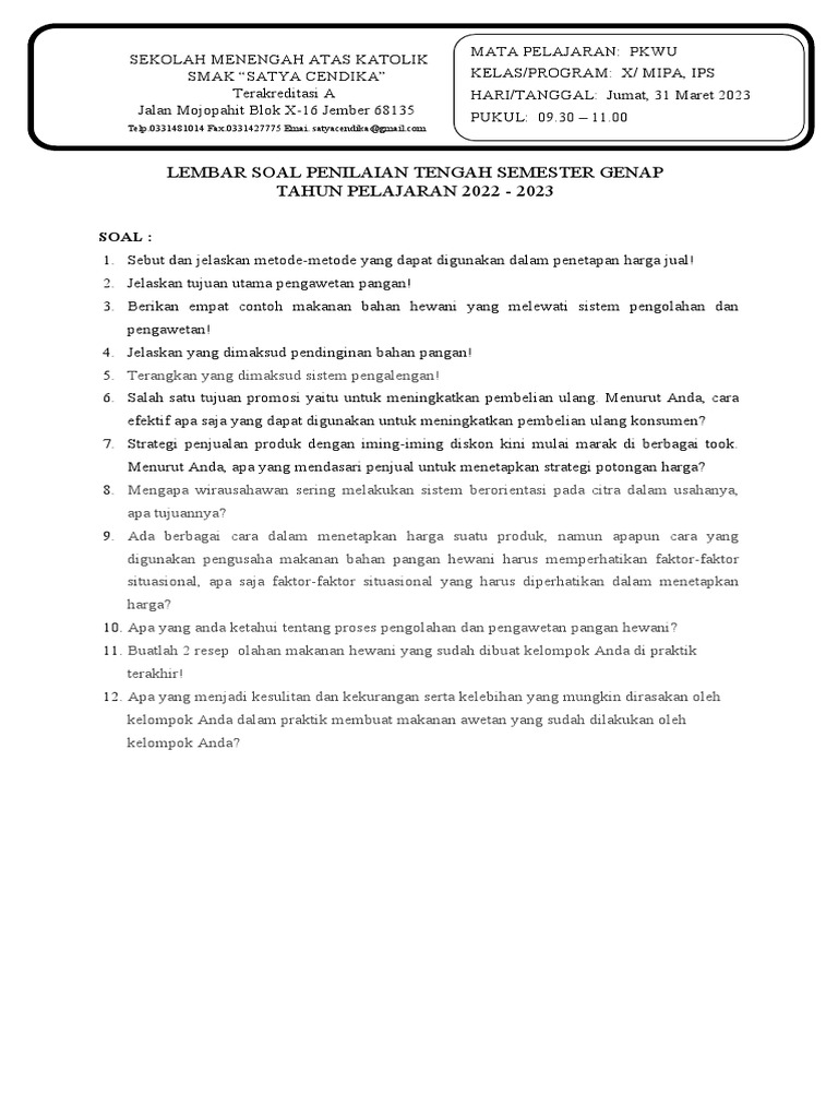 Soal PTS Genap Pkwu Kelas X Ta 2022-2023 | PDF