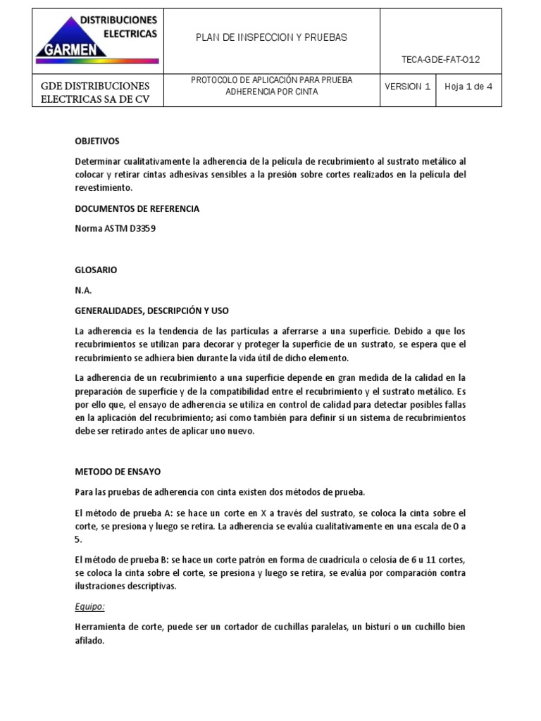 14.2.4. PROTOCOLO DE APLICACIÓN PRUEBA DE ADHERENCIA SEGÚN ASTM D3359 | PDF | Adhesión ...