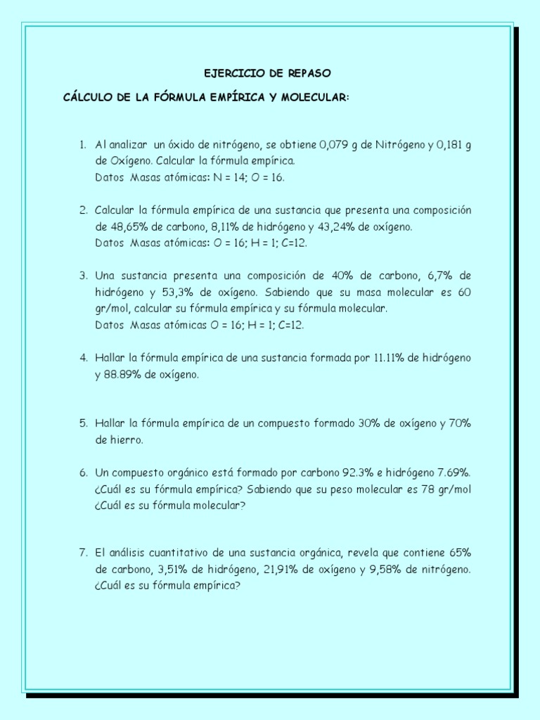 Ejercicio Repaso Fórmula Empírica y Molecular | PDF