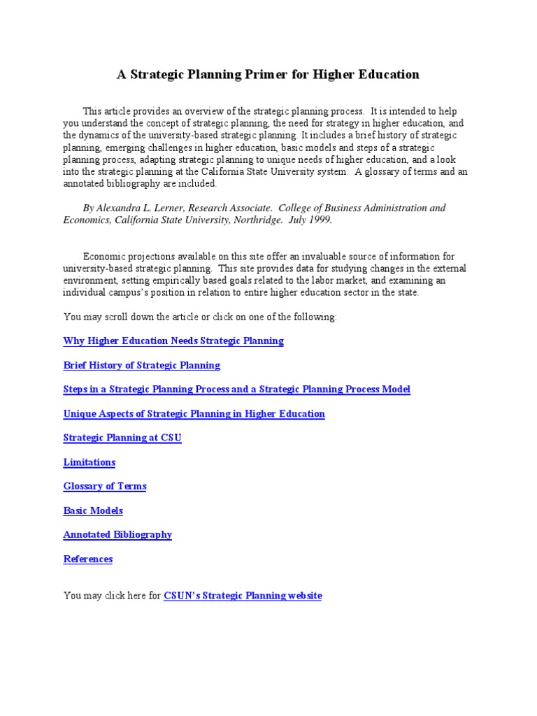Strategic Planning Primer Higher Educ | PDF | Strategic Management ...