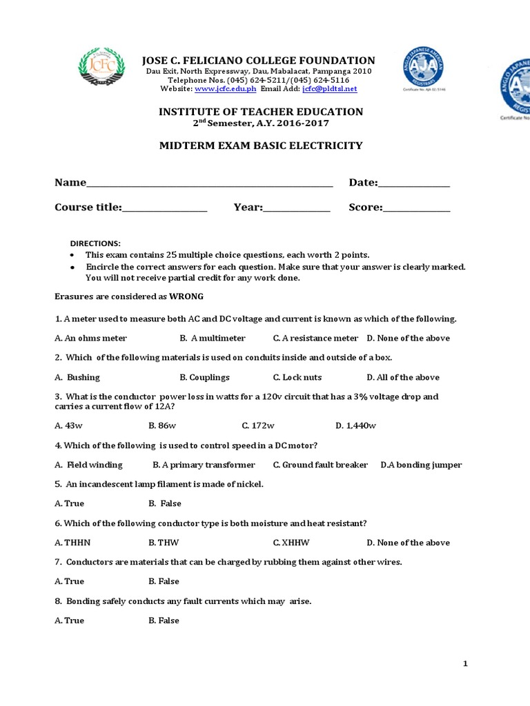MIDTERM Electrical | PDF | Electrical Resistance And Conductance | Electrical Wiring