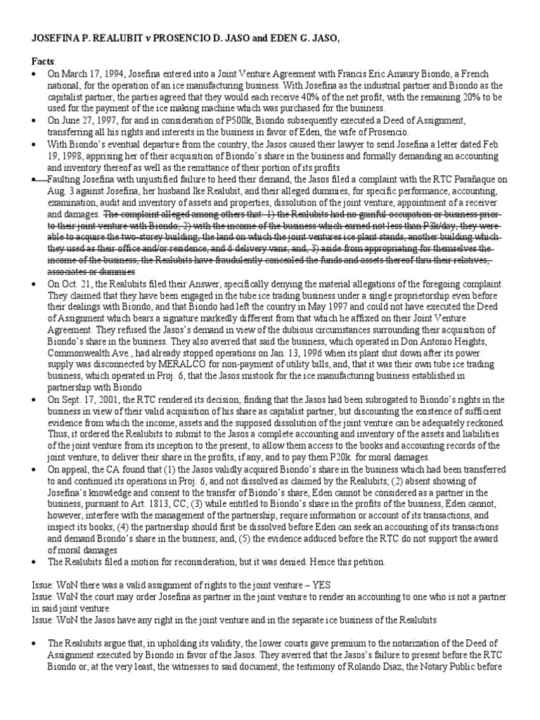 134 - Realubit V Jaso | PDF | Assignment (Law) | Joint Venture