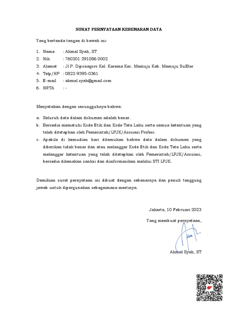 Surat Pernyataan Kebenaran Data | PDF