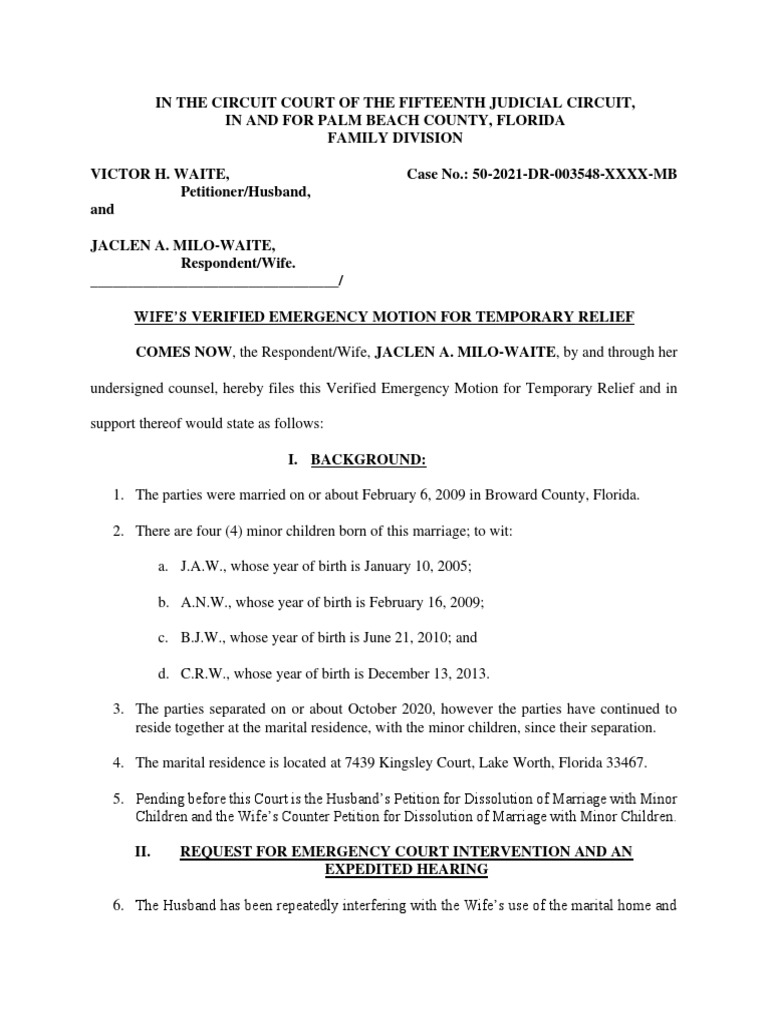 Wife's Emergency Motion For Temporary Relief Draft 6.4.2021 | PDF ...