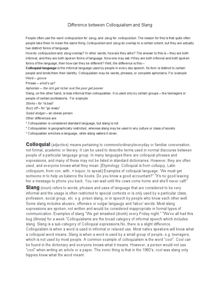 Difference Between Colloquialism and | PDF | Slang | Word