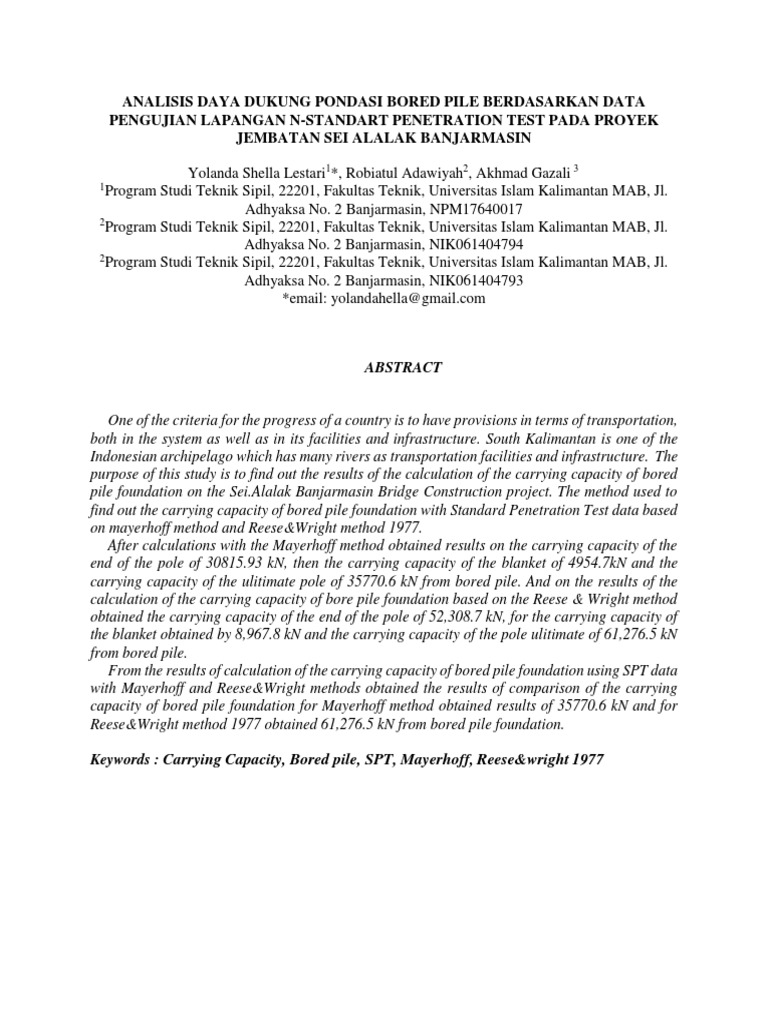 Analisis Daya Dukung Pondasi Bored Pile Berdasarkan Data Pengujian Lapangan N-Standart ...