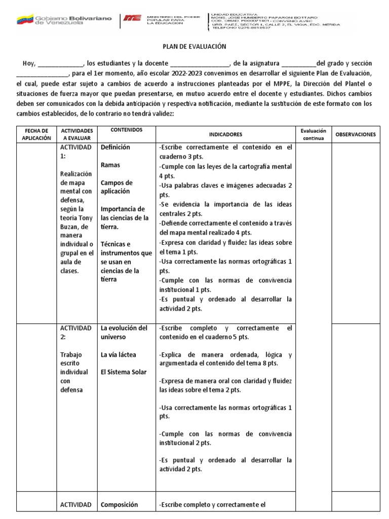 Plan de Evaluacion Ciencias de La Tierra | PDF | Evaluación | Science