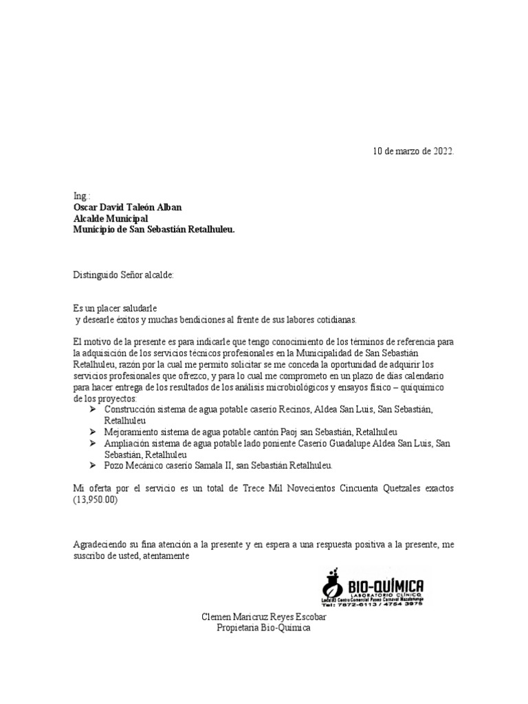 Cartas de Presentacion de Oferta, Entrega de Producto y Cobro San ...