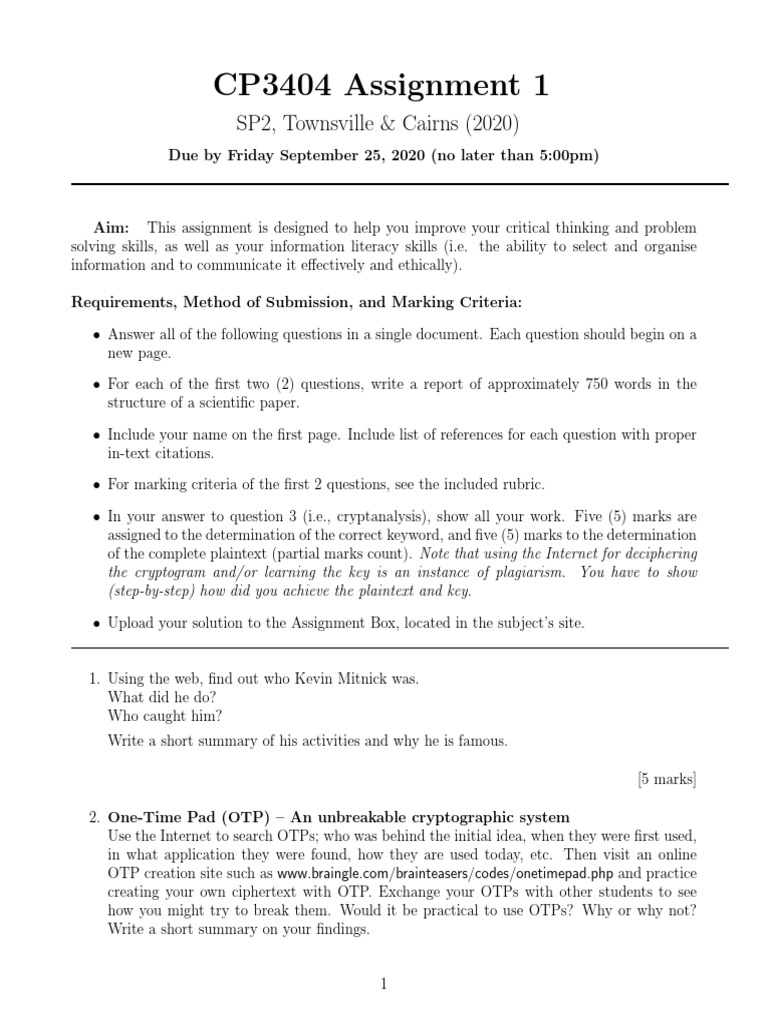 CP3404 Assignment 1 SP2 2020 | PDF | Cryptanalysis | Cryptography