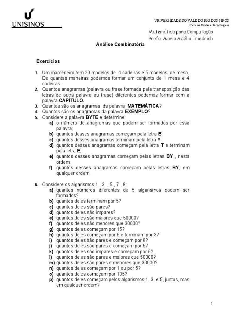 Exercicios Analise Combinatoria | PDF