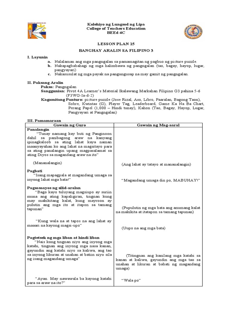 DLP15 in Filipino - Face To Face - Catapang Christian A - BEEd 4C | PDF