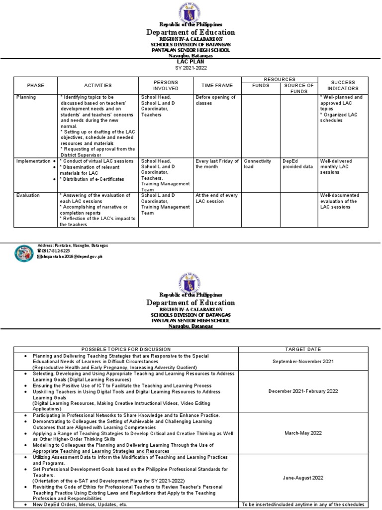 Lac Plan 2021 2022 | PDF | Learning | Teachers