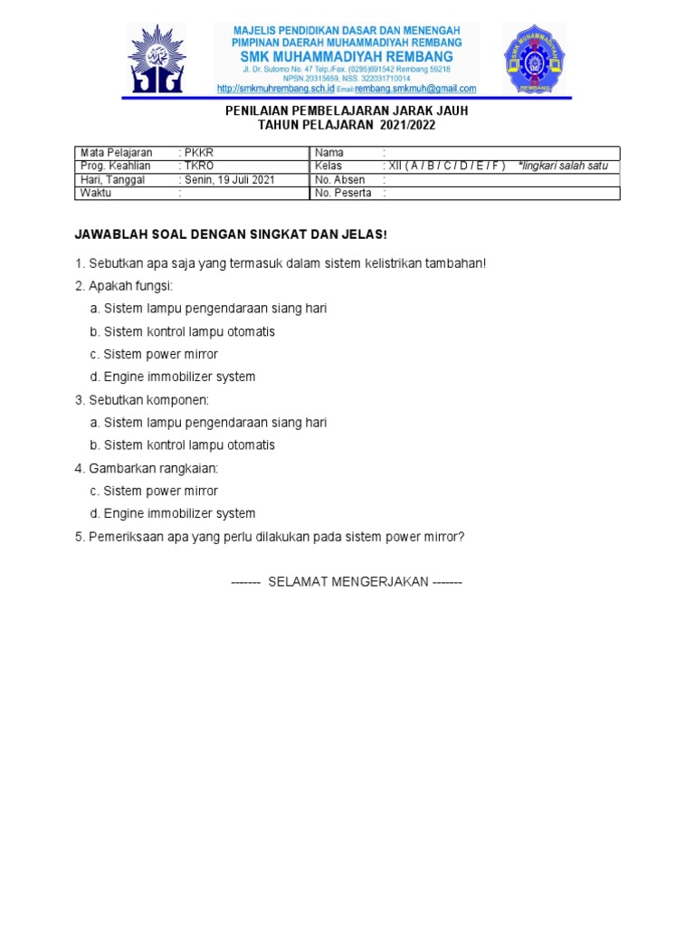 Tugas 1 PKKR Soal Kd. 3.12 Mendiagnosis Kerusakan Sistem Kelistrikan Dan Kelengkapan Tambahan ...