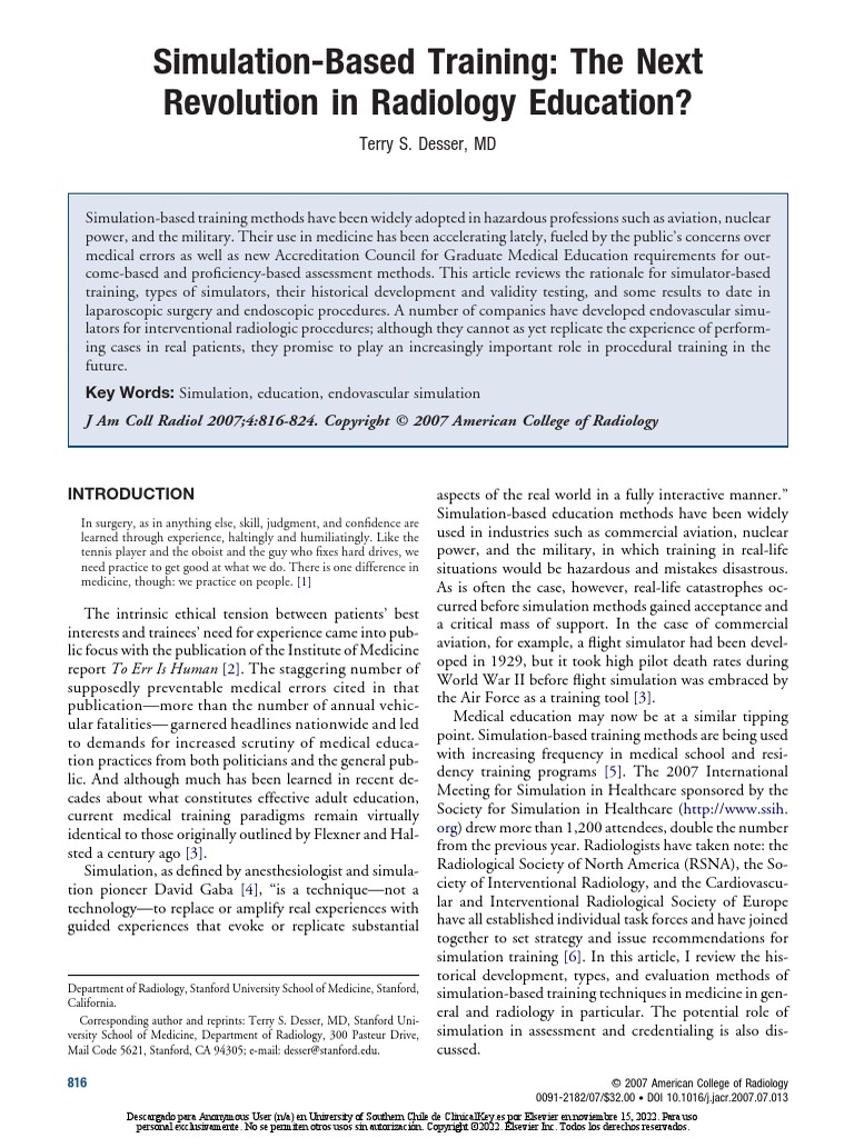 Desser 2007. Simulation-Based Training The Next Revolution in Radiology Education | PDF ...