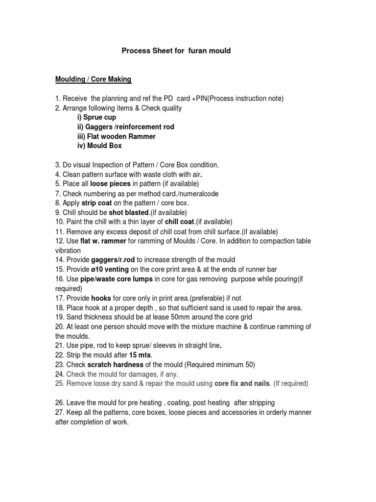 Process Sheet For Furan Mould | PDF | Casting | Physical Sciences