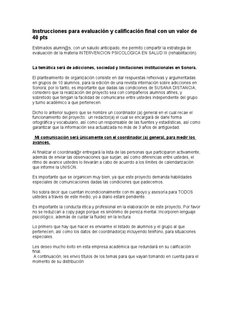 Instrucciones para Evaluación y Calificación Final Con Un Valor de 40 Pts | PDF | La dependencia ...
