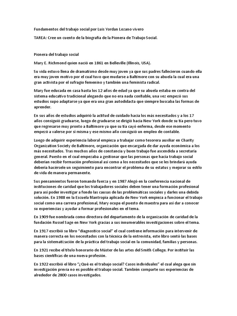 Cuento Sobre La Pionera Del Trabajo Social | PDF | Trabajo Social